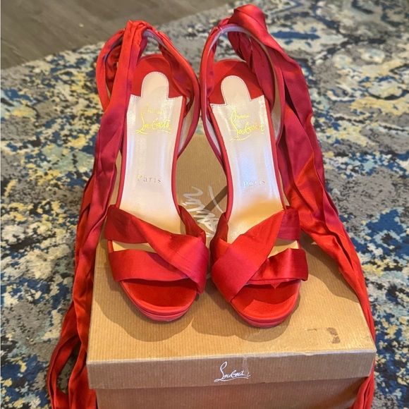 Christian Louboutin | Shoes | Christian Louboutin Red Satin Sandals ...